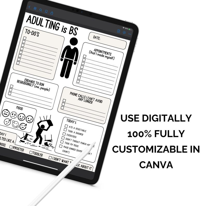 Funny Adulting is BS Worksheet | Daily Planner Canva Template (digital ...
