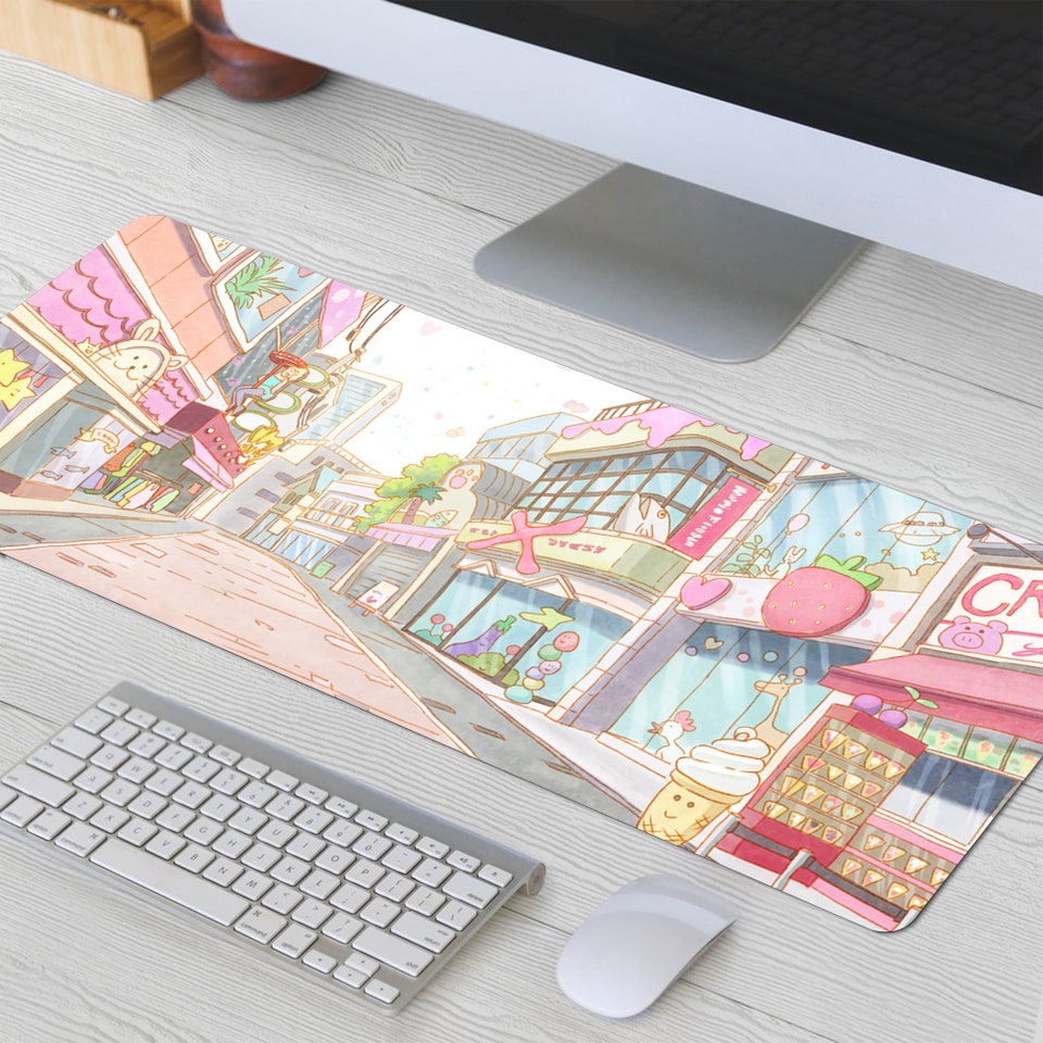 Cute Desk Mat Kawaii Mouse pad, Pink Cute Anime, Japanese Street, Pink ...