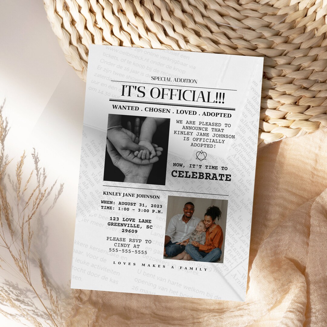 Adoption Invitation Newspaper Style Adoption Announcement Invitation ...