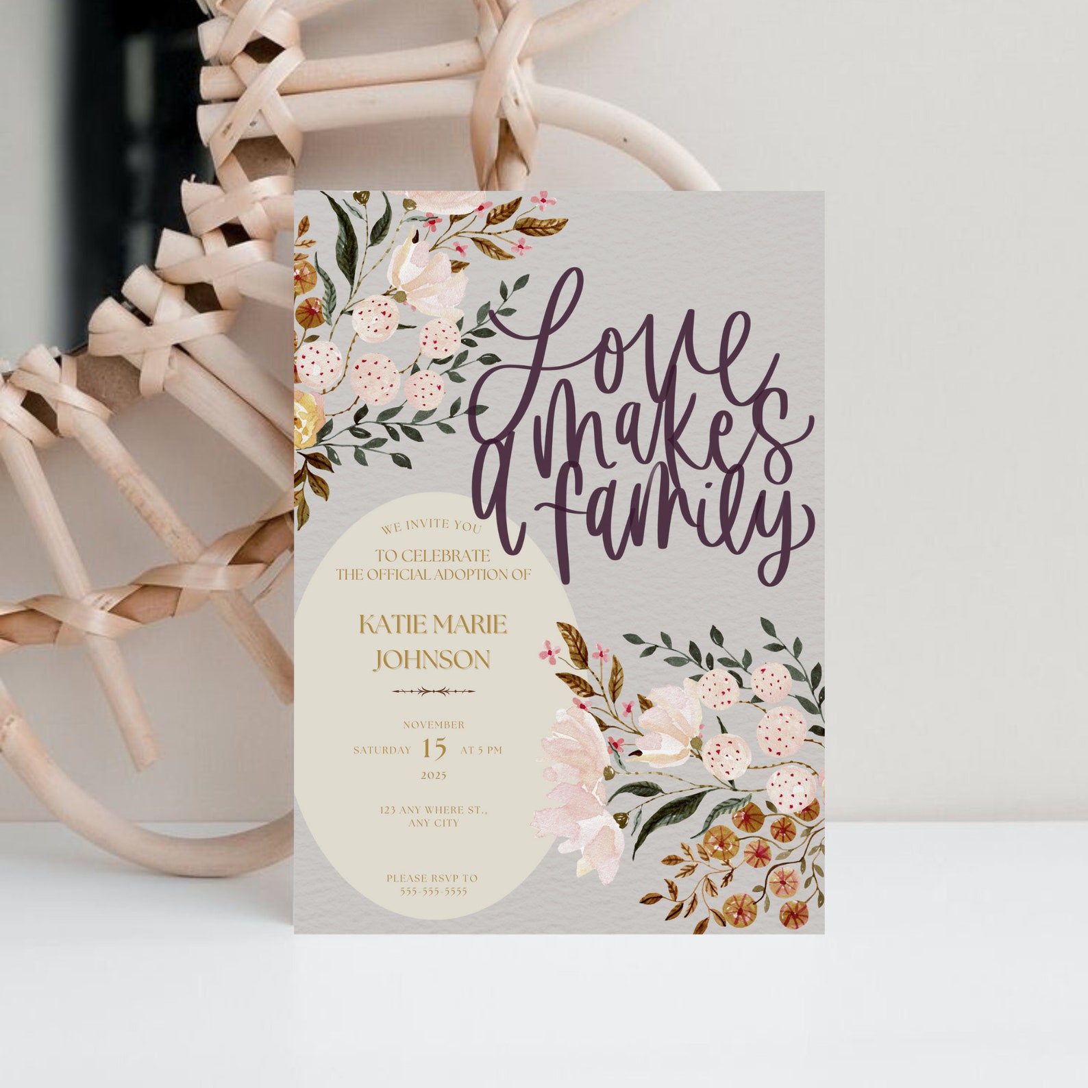 Love Makes a Family Floral Adoption Invitation, Girly Adoption ...