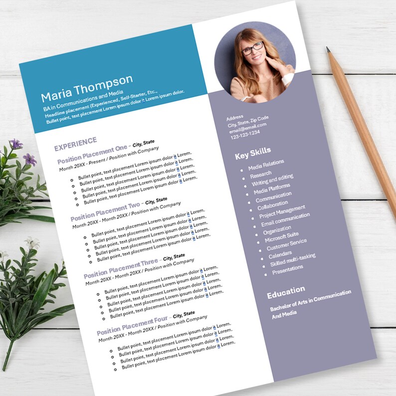 Resume Template Editable Microsoft Word Simple Photo Digital Download ...
