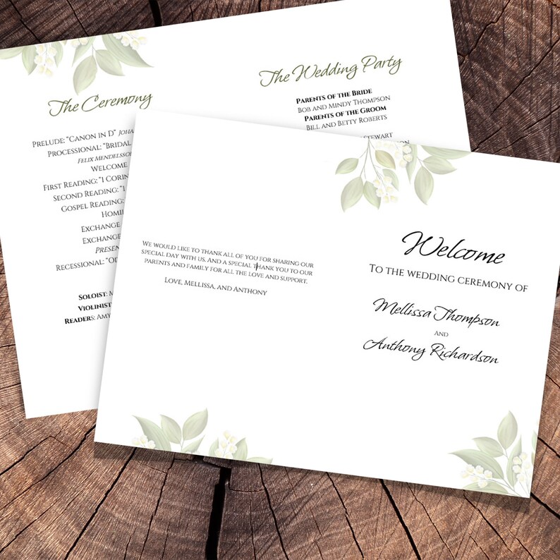 Wedding Program Editable Template Digital Download Bundle, Microsoft Word Template, Botanical ...