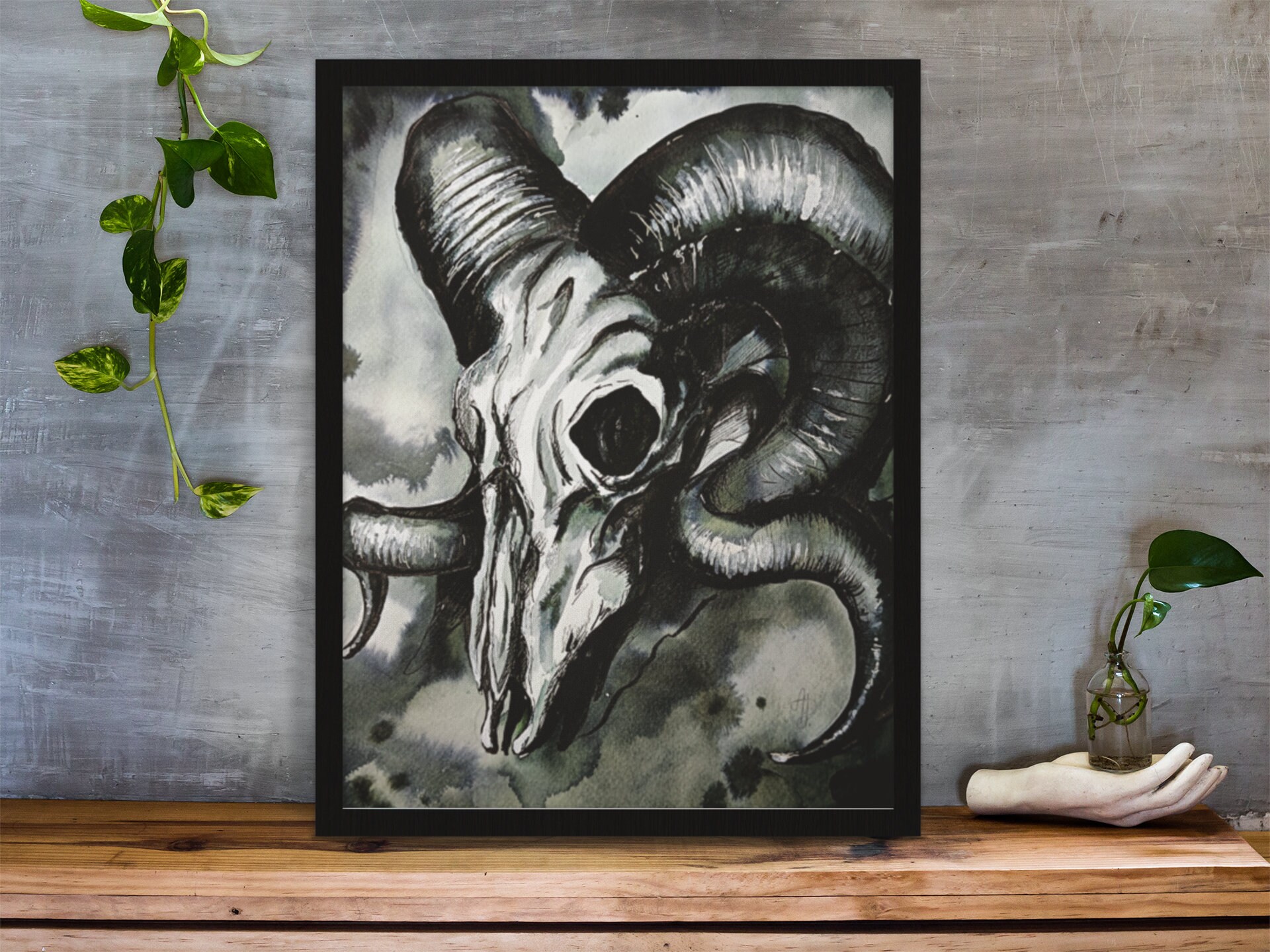 Dark Ram Skull Art Print - Gift for Horror Fans | Skeleton Wall Art ...
