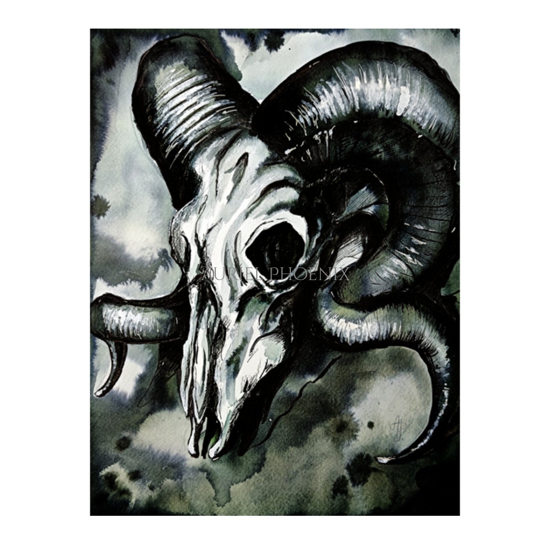 Dark Ram Skull Art Print - Gift for Horror Fans | Skeleton Wall Art ...