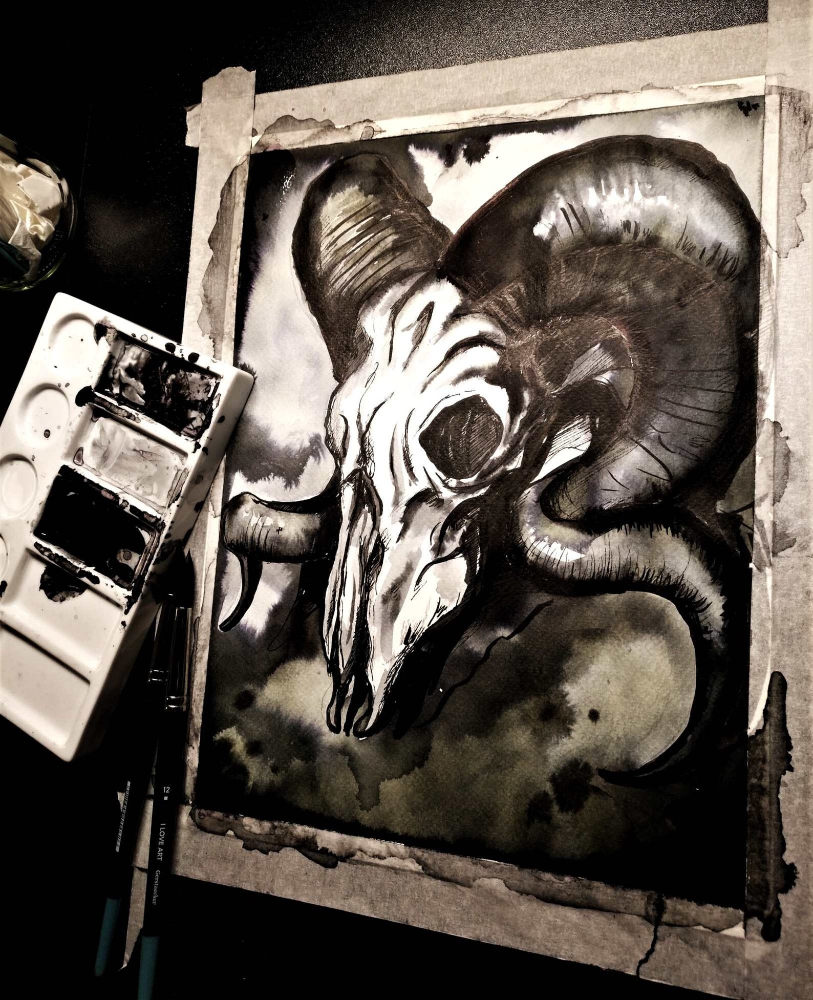 Dark Ram Skull Art Print - Gift for Horror Fans | Skeleton Wall Art ...
