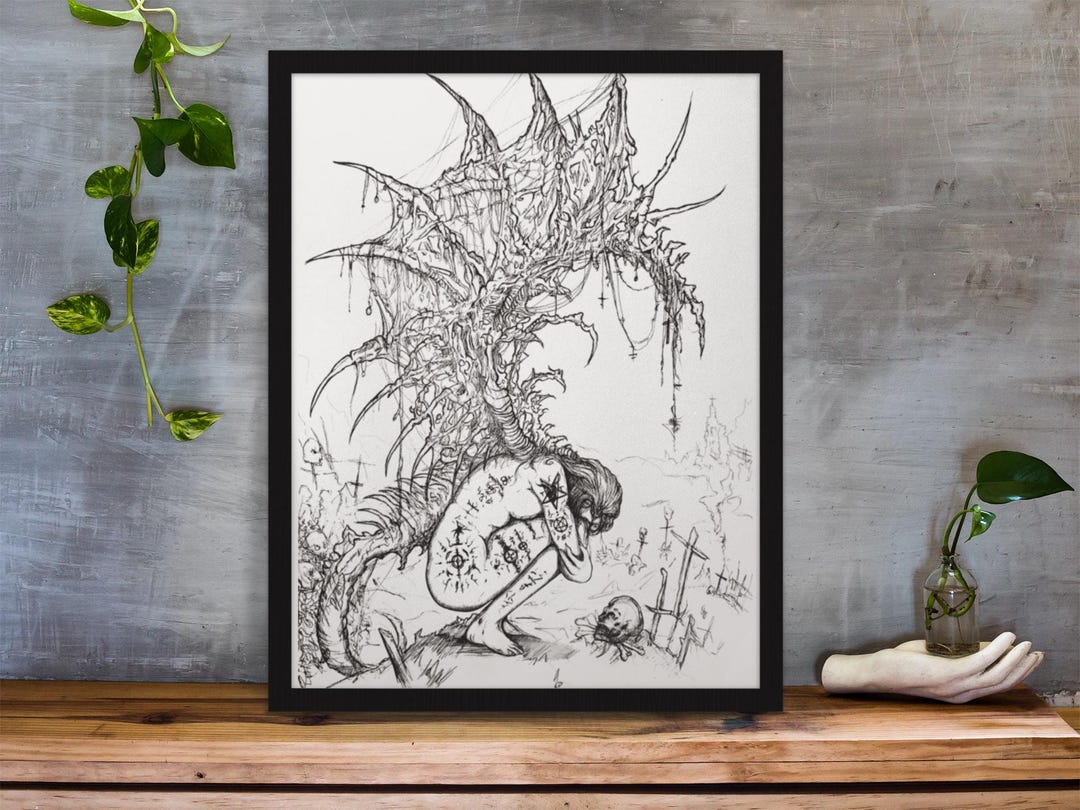 Fallen Angel Line Drawing Print, Dark Gothic Wall Art, Demon Dark ...