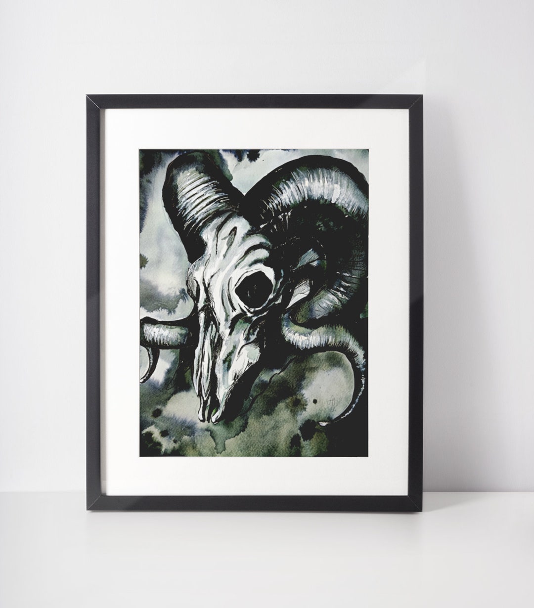 Dark Ram Skull Art Print - Gift for Horror Fans | Skeleton Wall Art ...