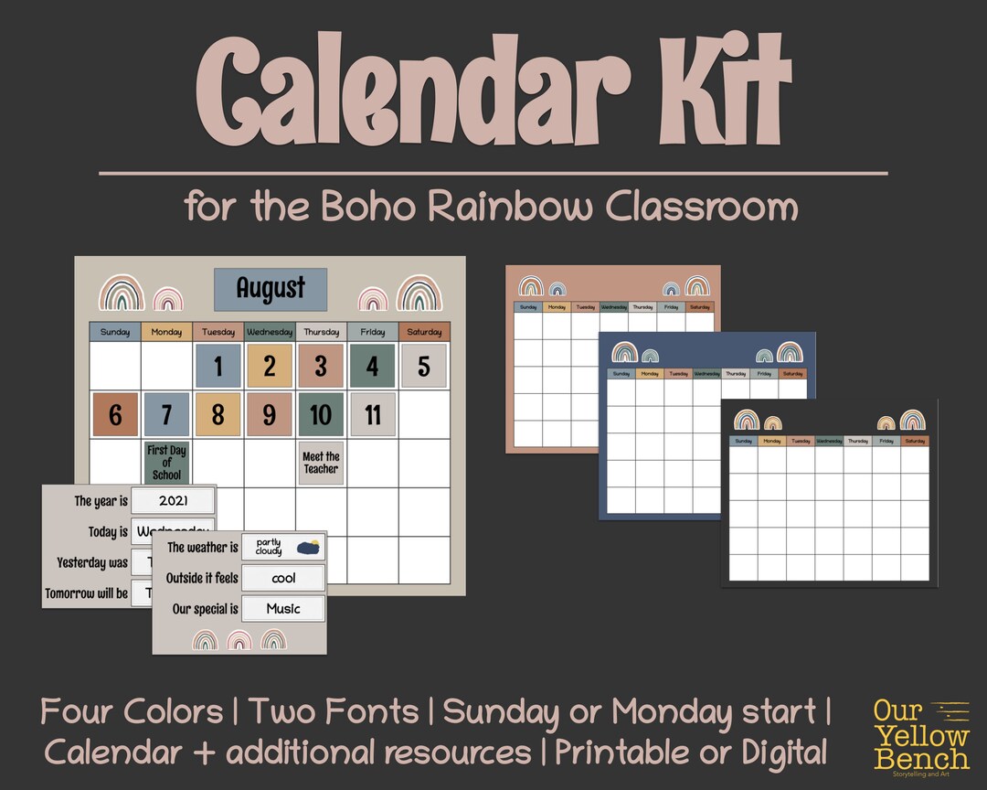 Calendario de aula Boho Rainbow Imprimible y Digital - Etsy España