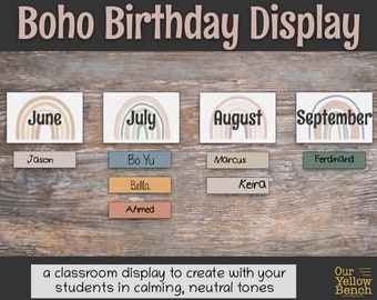 Class Birthdays Printable Posters Boho Rainbow, Birthday Bulletin Board ...