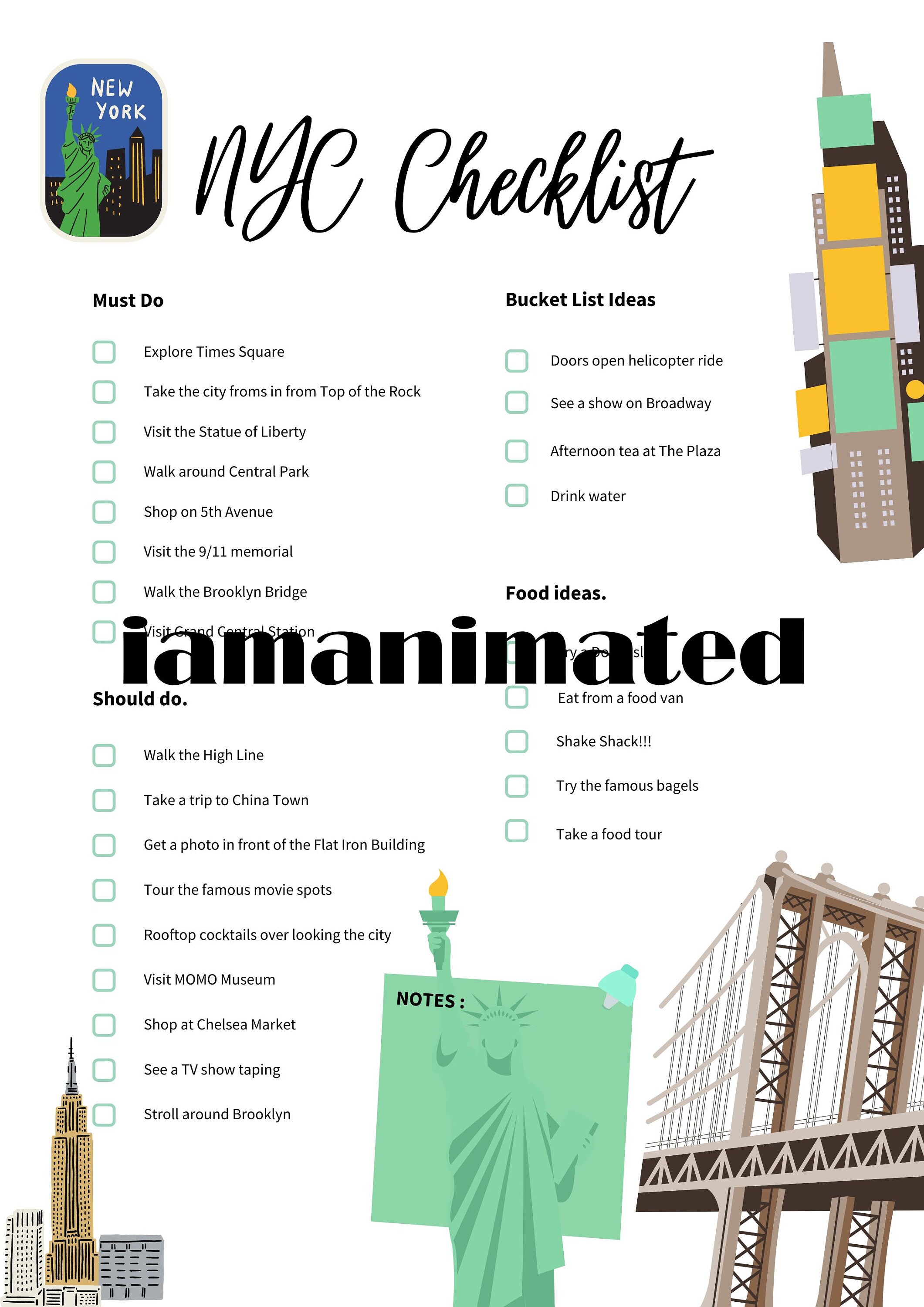 New York City Printable Checklist, Ticket and Bucket List Bingo Board ...