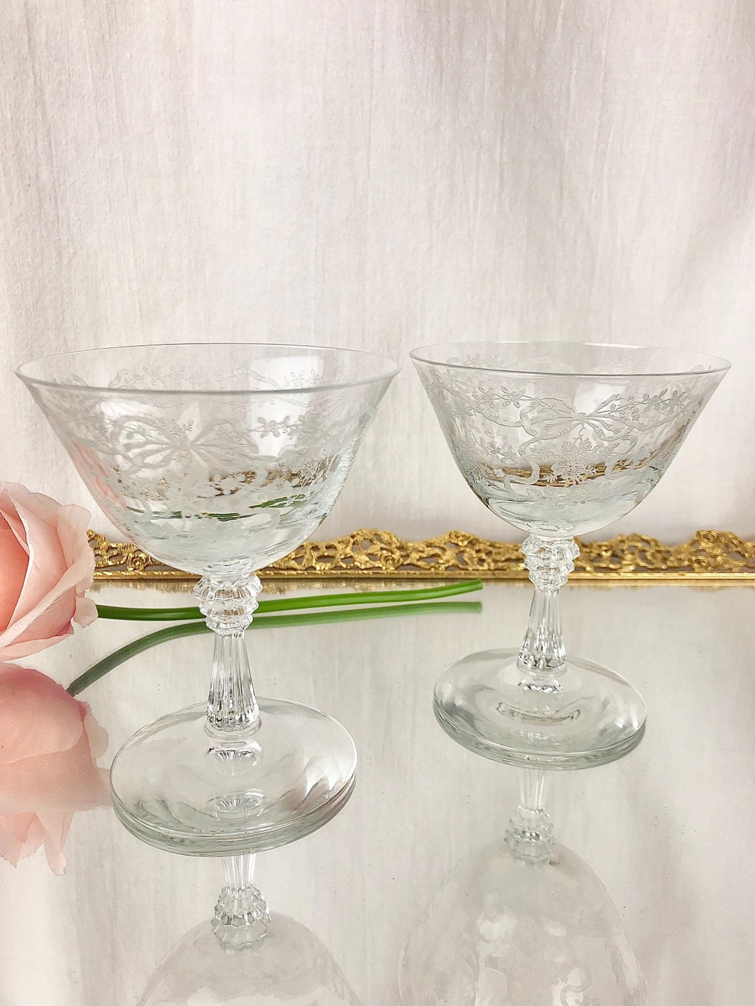 Vintage Fostoria Romance Champagne Glasses 50s Etched Bows Ribbons ...