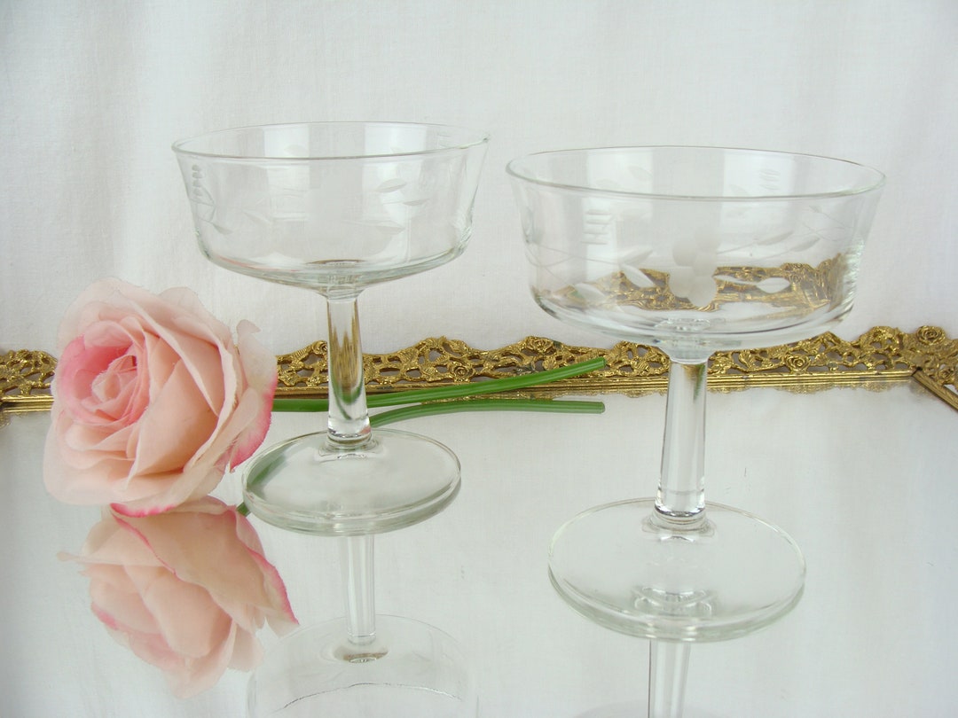 Vintage Etched Coupe Glasses 60s Set of 2 Floral Etched Champagne ...