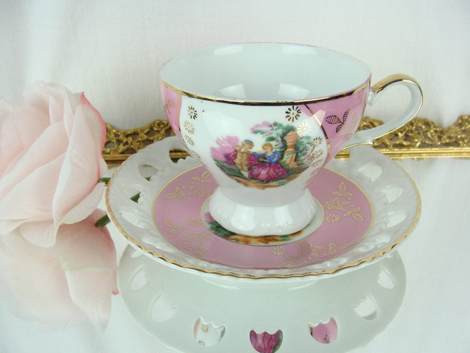 Vintage Tea Cup Saucer 50s Pedestal Cup Reticulated Saucer Coffee Cup ...