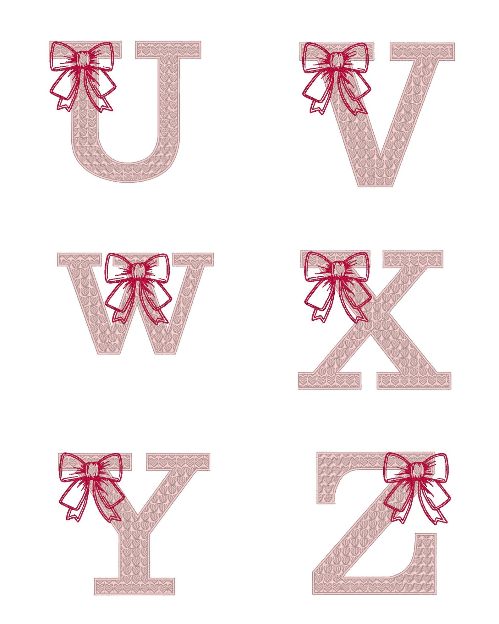 Bow Heart Alphabet Embroidery Design: Fill Stitch Font (4x4, 5x7 ...