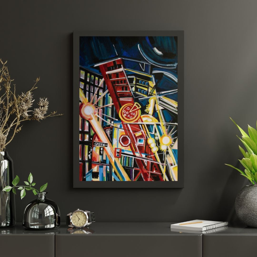 Pizza Parlor Sign Urban Landscape Wall Art Vibrant Colorful City Night ...