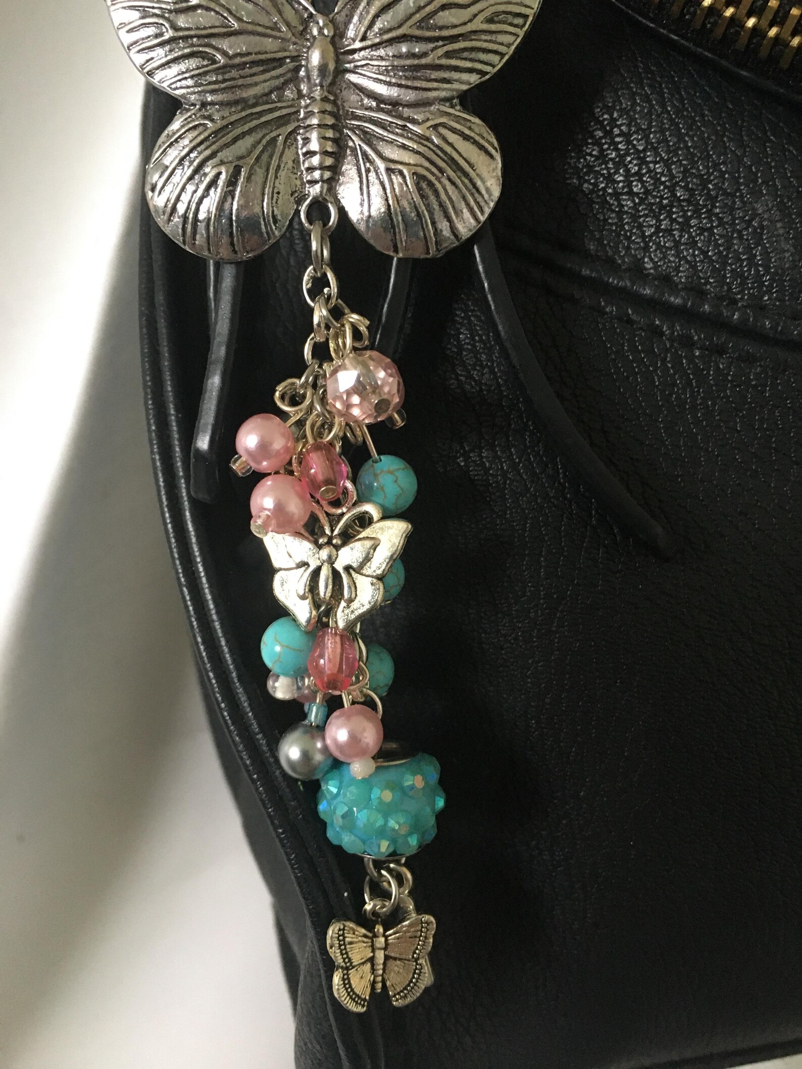 Butterfly Bag Charm With Turquoise and Pink Beads • Personalized ...
