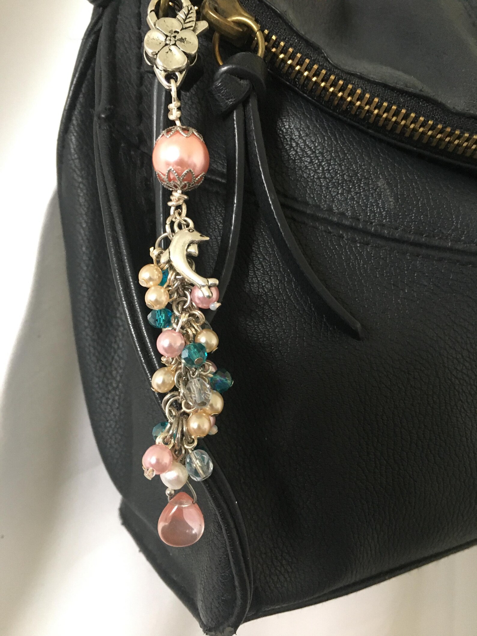 Elegant Pink and Pearl Beaded Bag Charm With Dolphin Pendant and ...