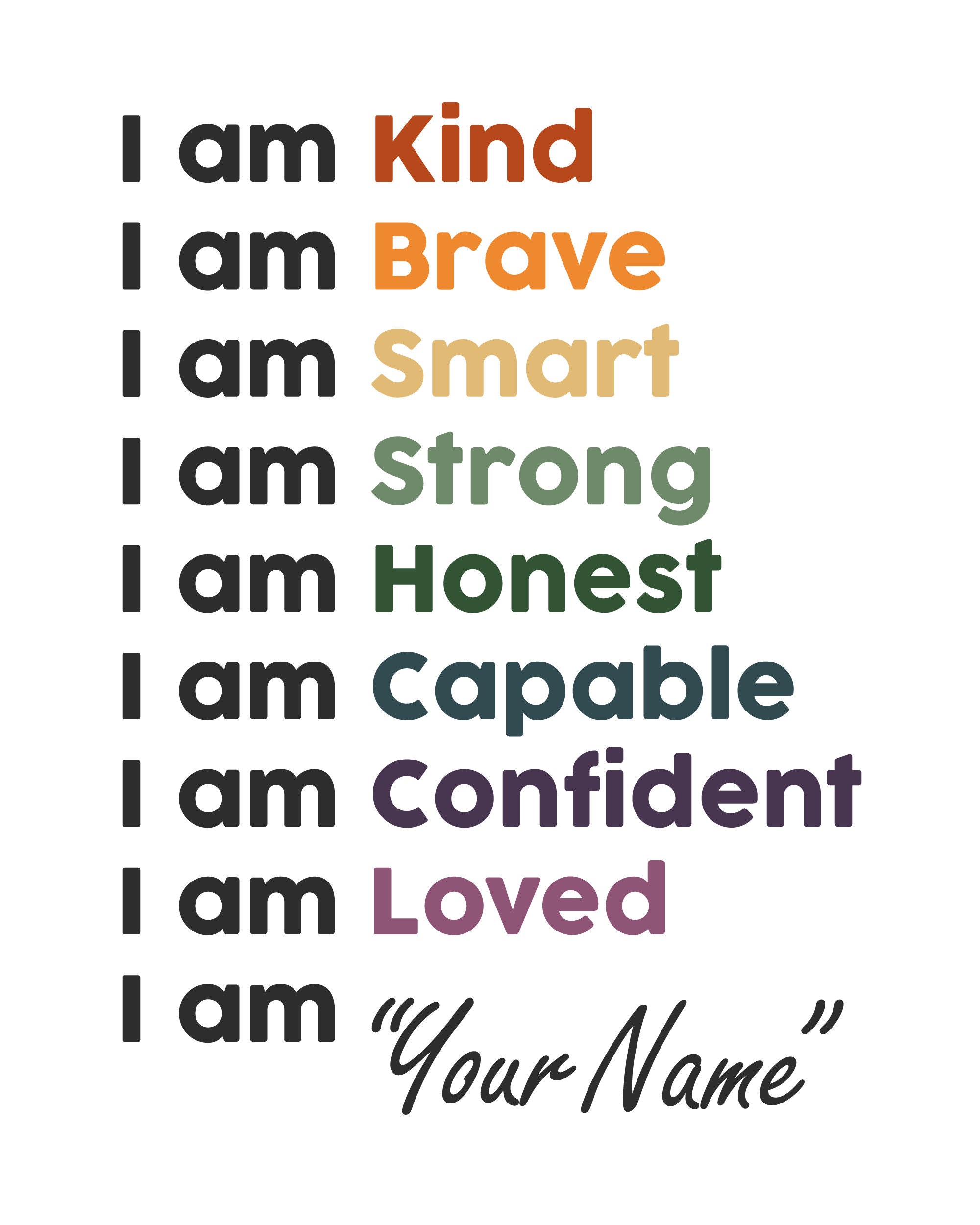 Rainbow Daily Affirmations Printable Wall Art, Custom Name for Kids or ...
