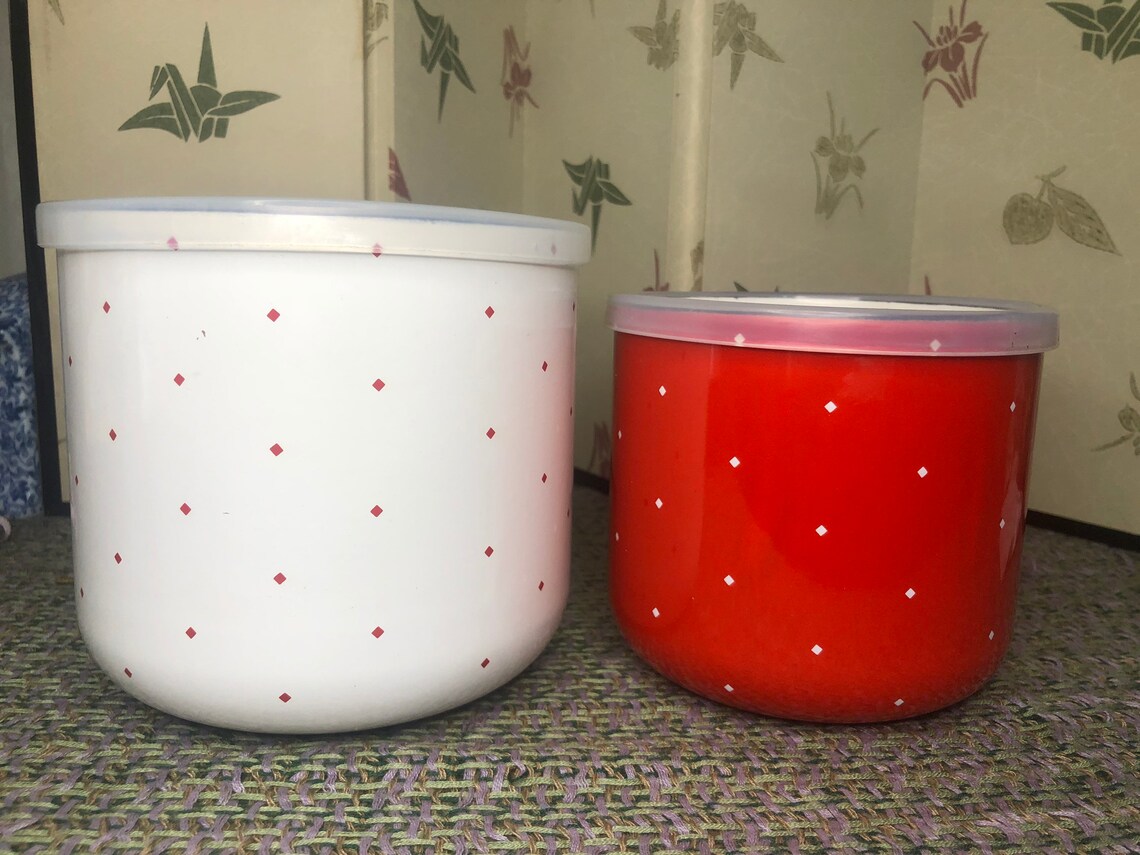 Vintage Ampleur Ejiry Set of 2 Diamond Dot Enamel Metal Bowls / Jar ...