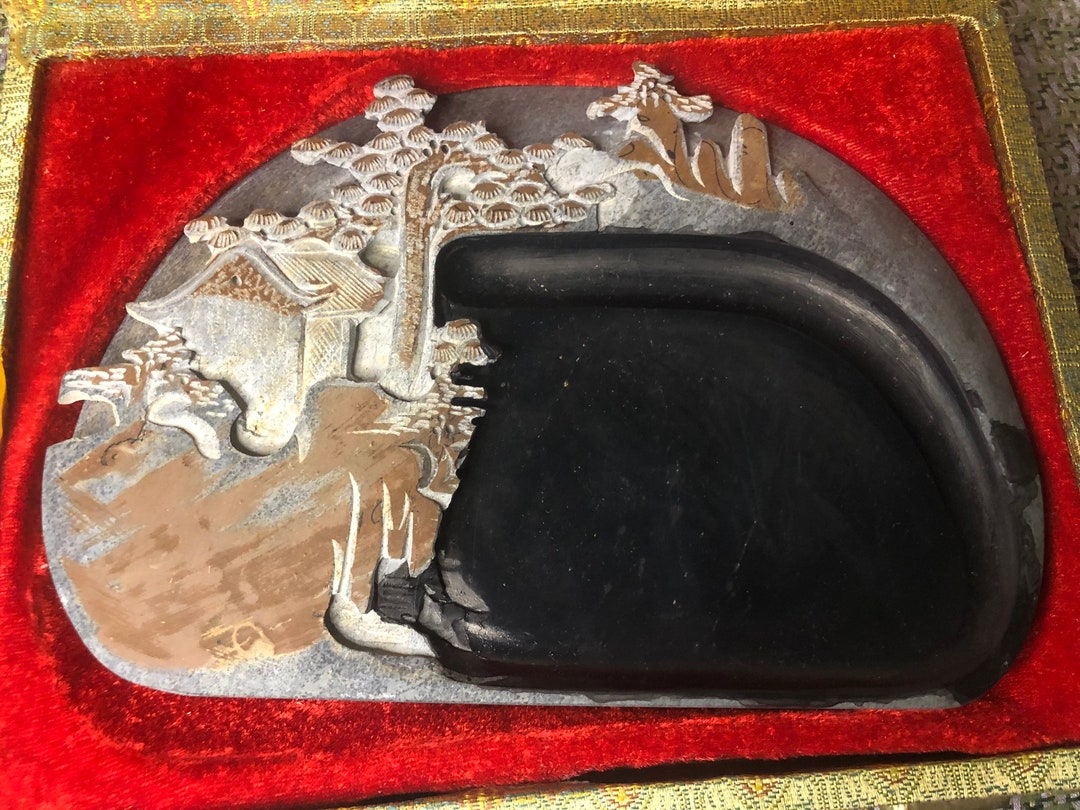 Vintage Japanese Inkstone Calligraphy Scenery Design in Silk Box - Etsy