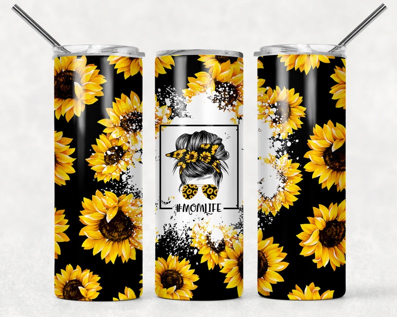 Mom Life Black Sunflowers Messy Bun 20 Oz Skinny Tumbler Etsy
