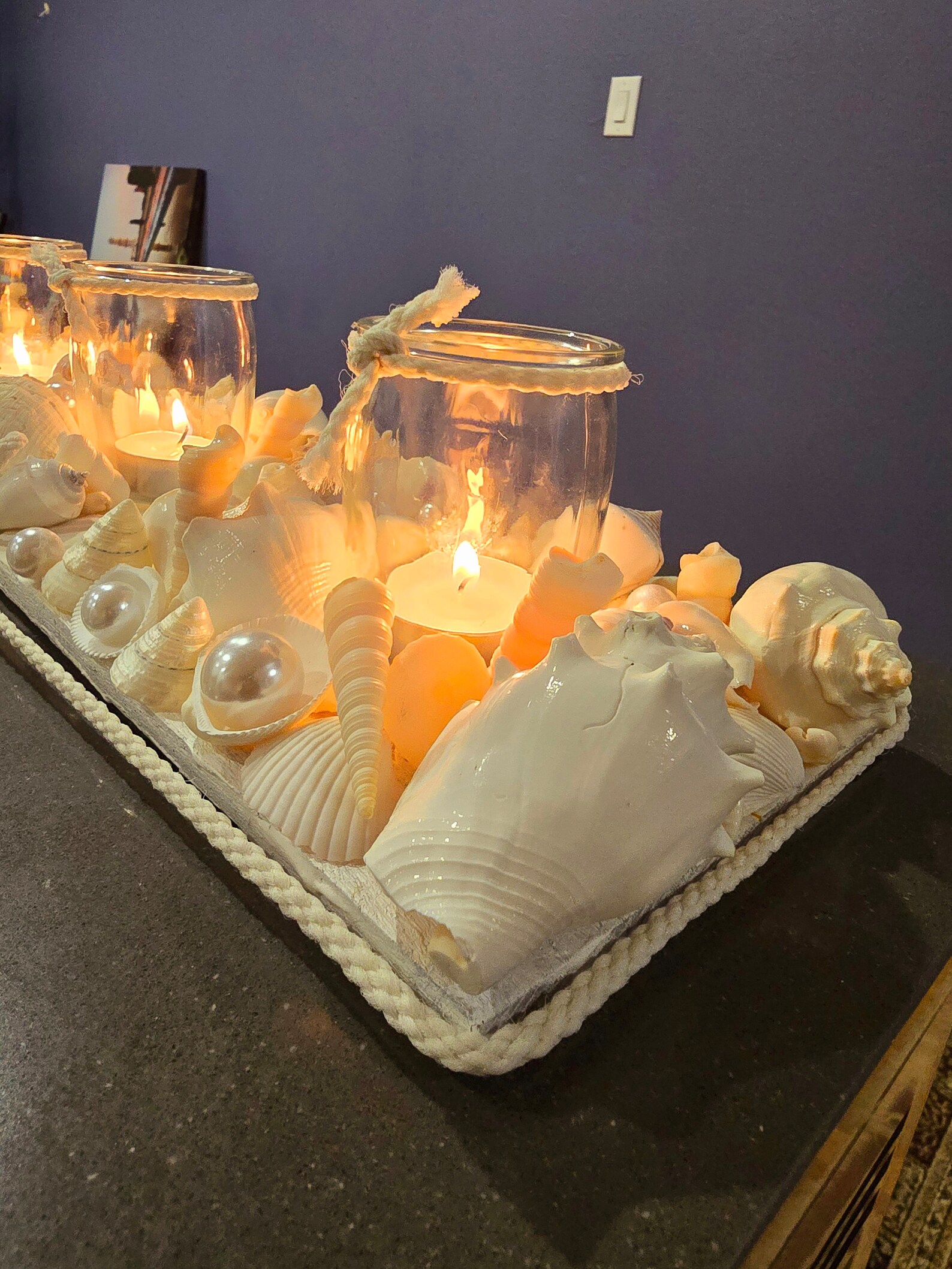 Long 24"lx6"wx4"h White Sea Shells Coastal Tea Light Holder Center ...