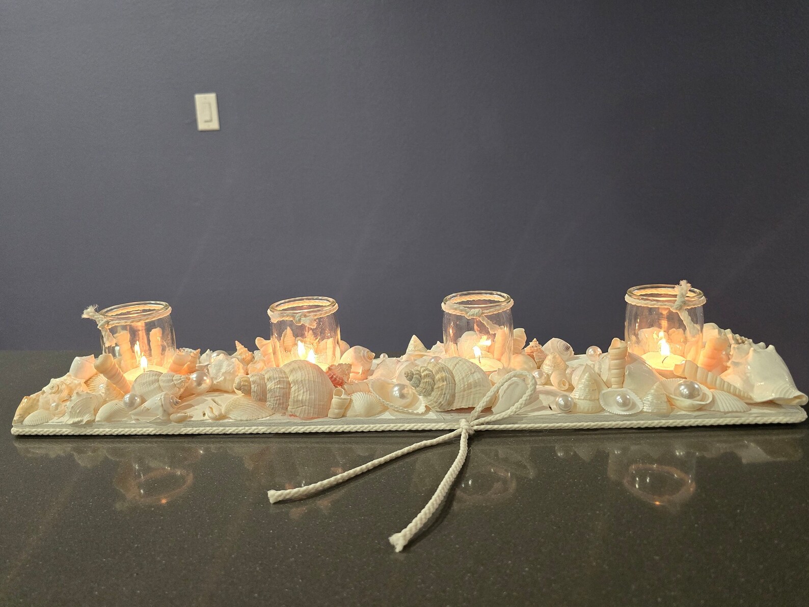 Long 24"lx6"wx4"h White Sea Shells Coastal Tea Light Holder Center ...