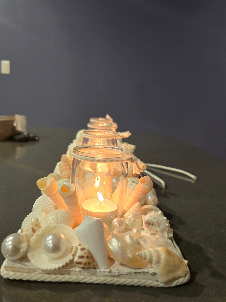 Long 24"lx6"wx4"h White Sea Shells Coastal Tea Light Holder Center ...