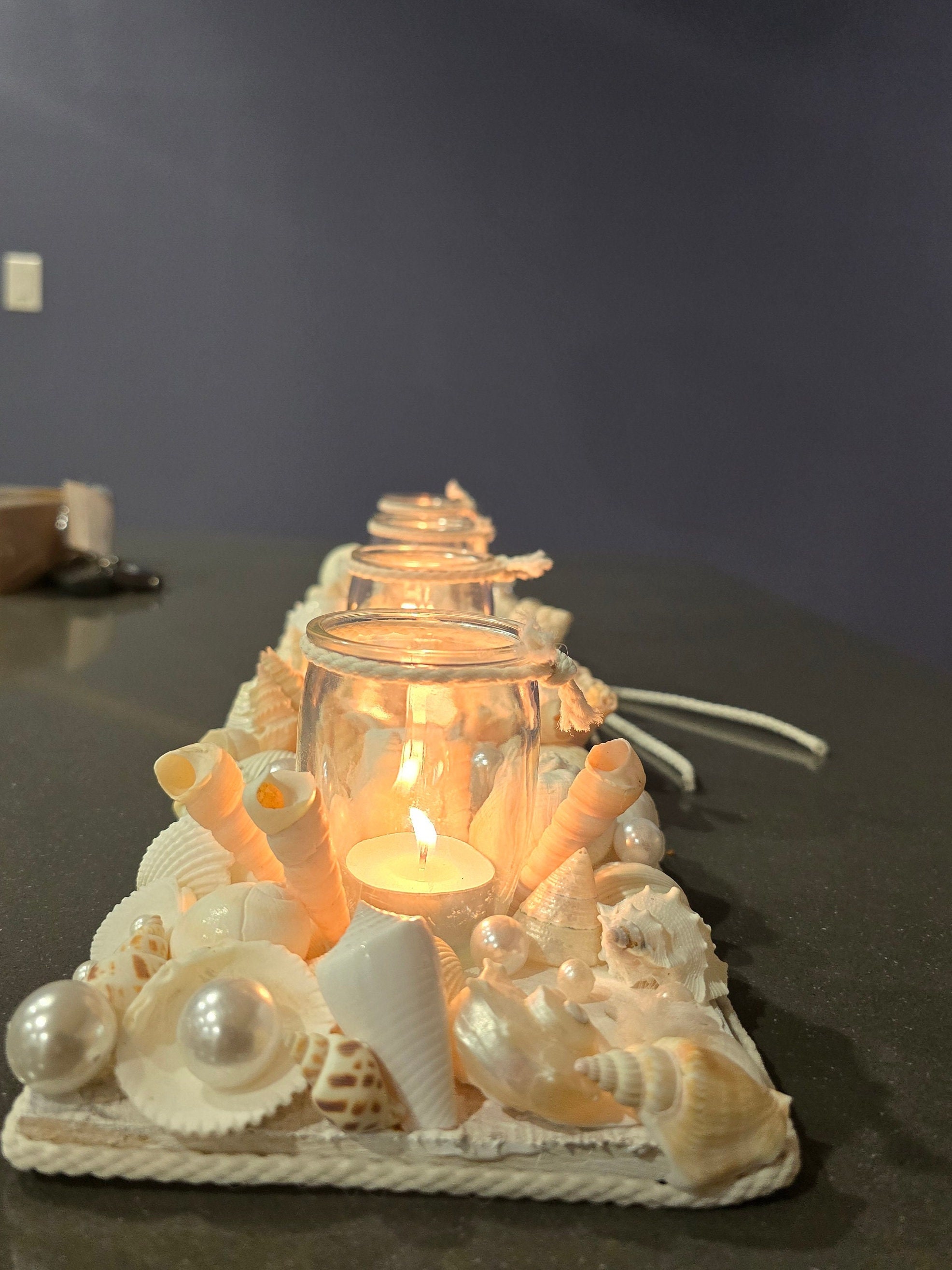 Long 24lx6wx4h White Sea Shells Coastal Tea Light Holder Center Piece ...