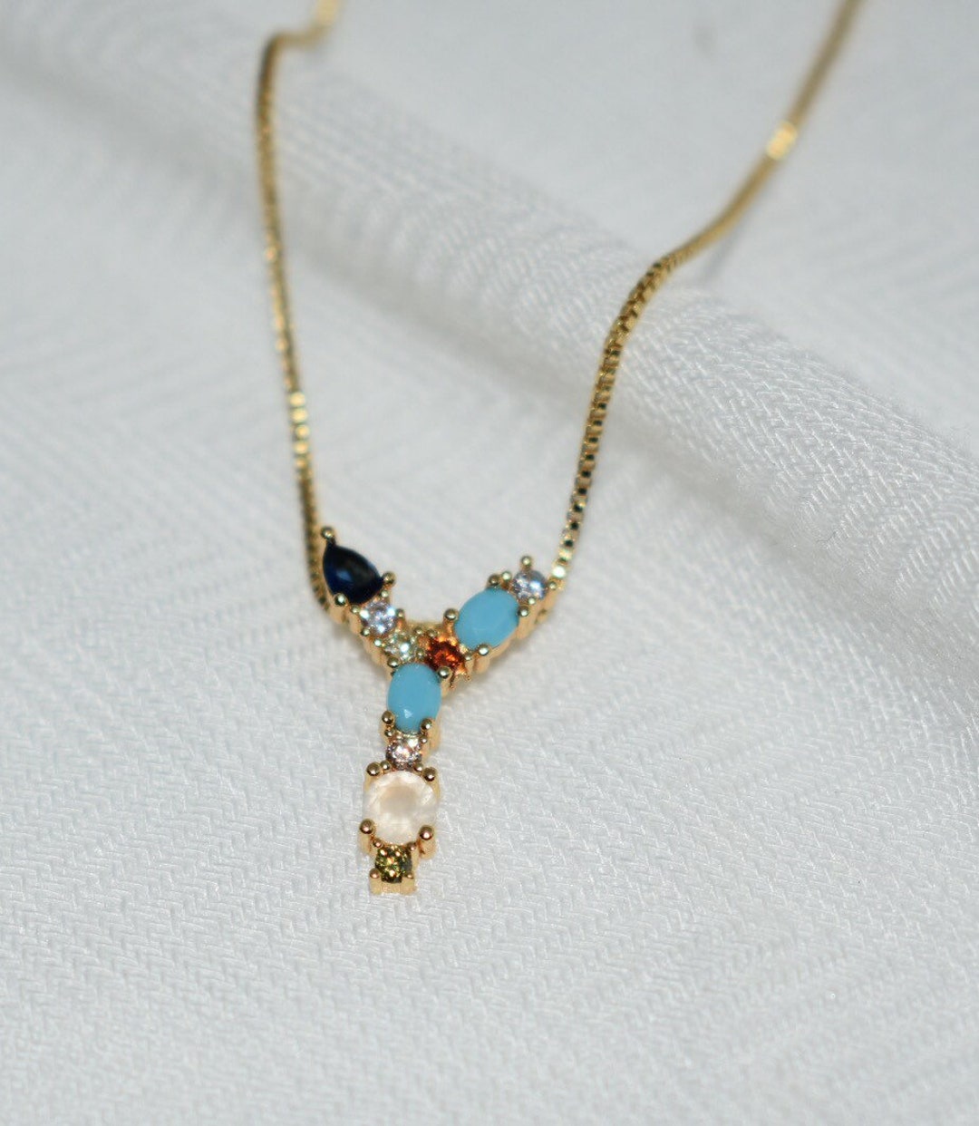 18K Gold Filled Initial Necklace, Large Rainbow Crystal Y Initial ...