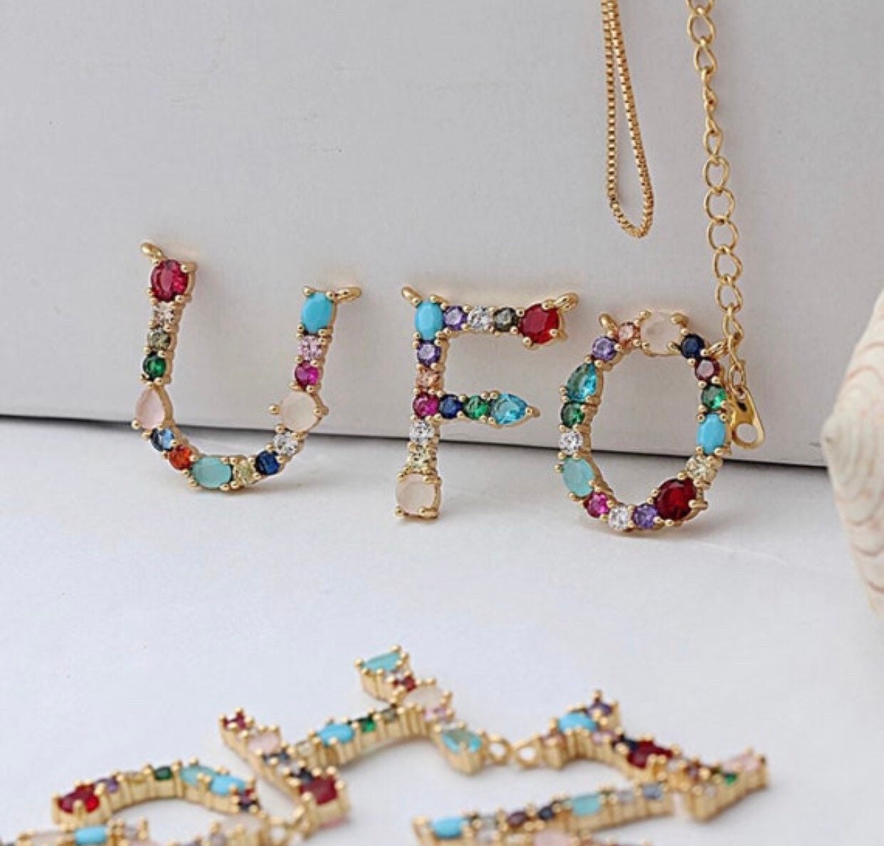 18K Gold Filled Initial Necklace, Large Rainbow Crystal Y Initial ...