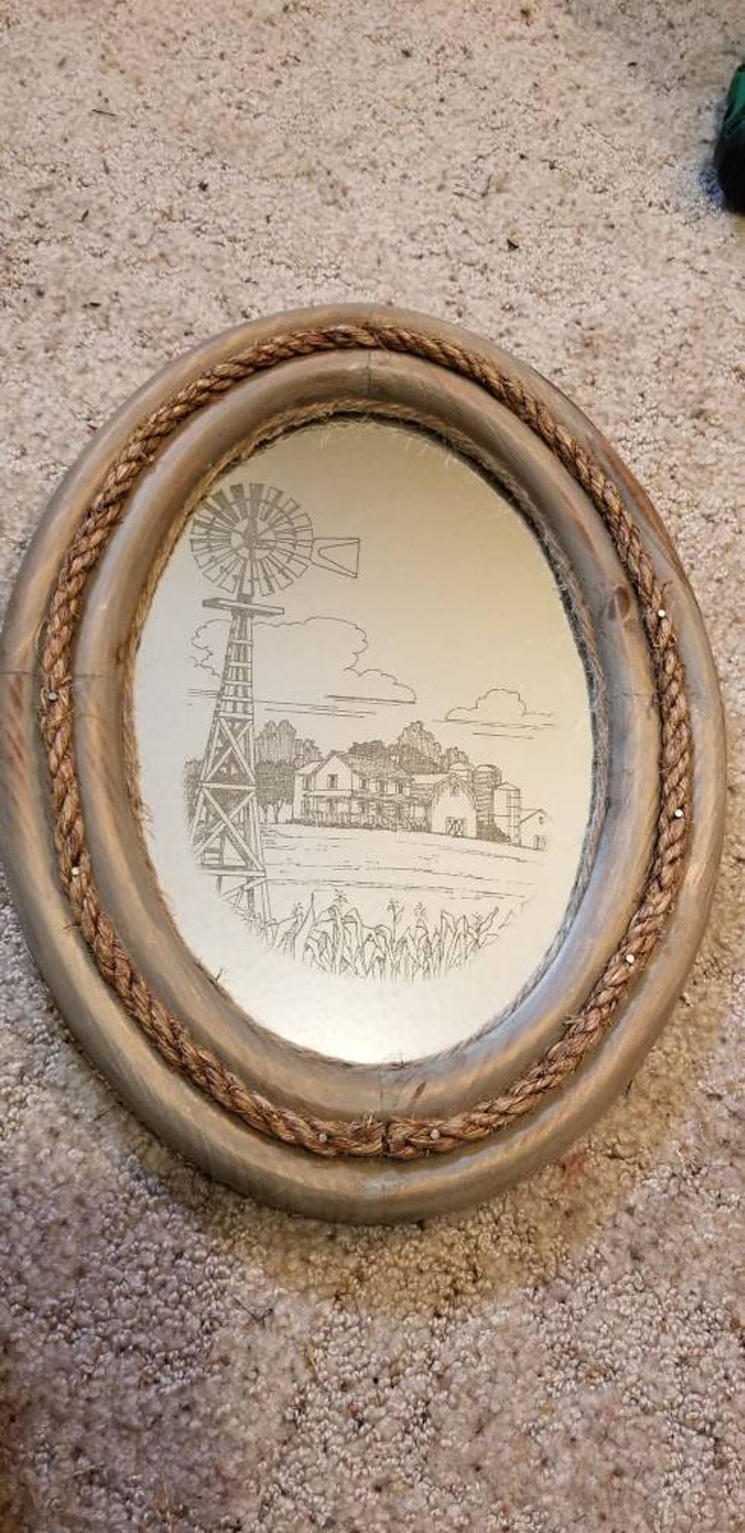 Charming Primitive Looking Oval Frame Mirror Featuring an Etched Farm ...