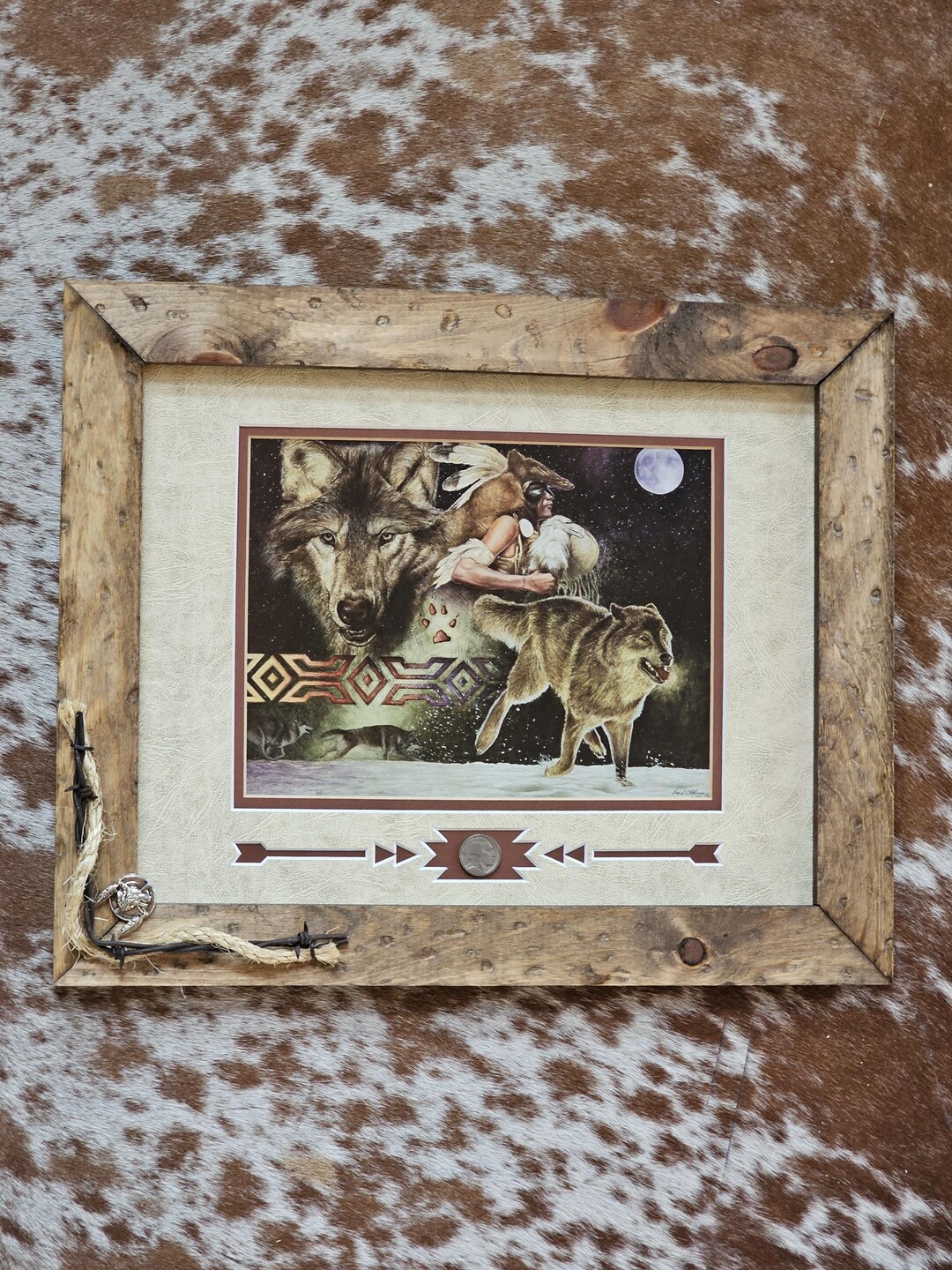 Wolf Picture: Primitive Frame, Rope, Barbed Wire, Buffalo Head Nickel ...