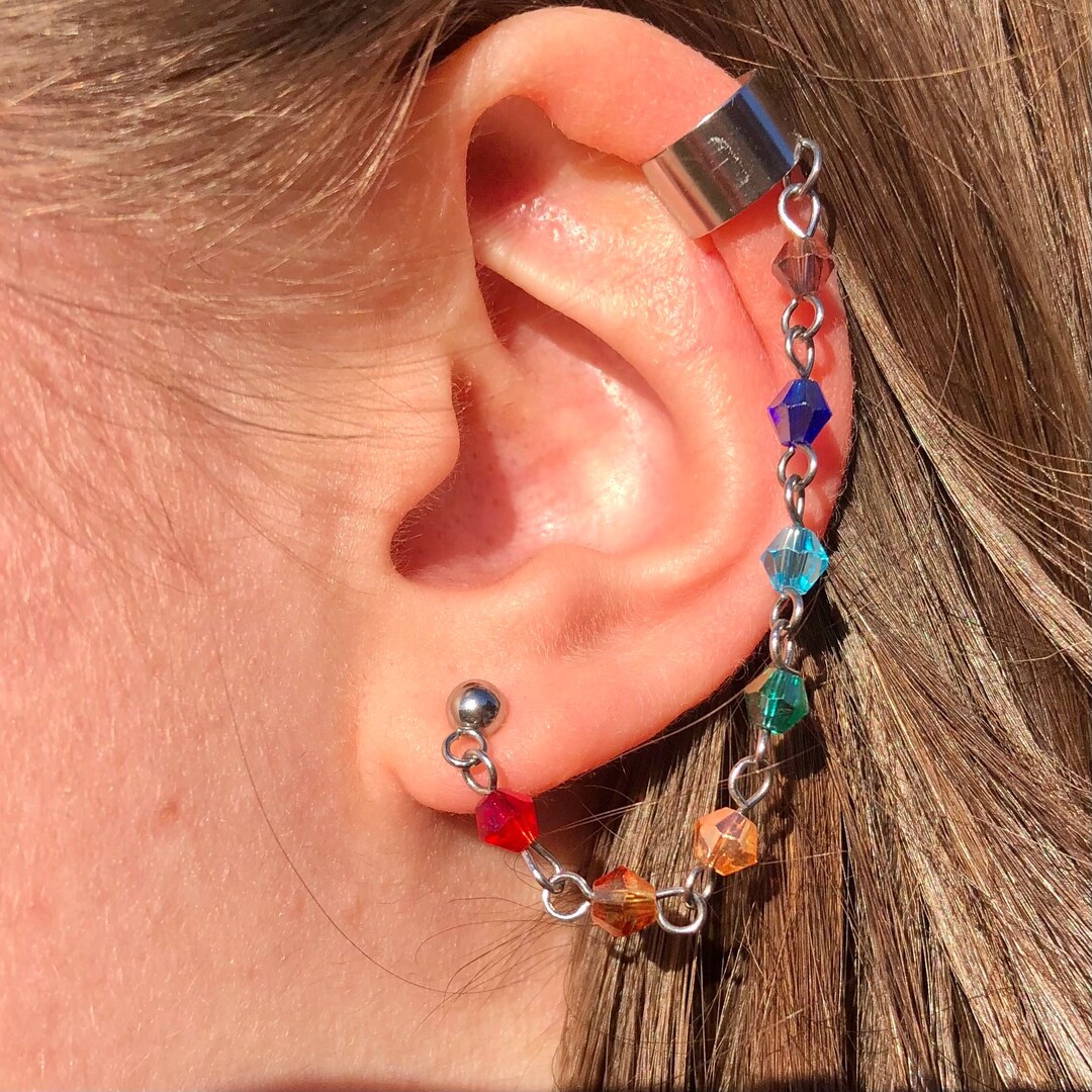 Rainbow Glass Beaded Chain Ear Cuff Earring in Stainless Steel / Single ...