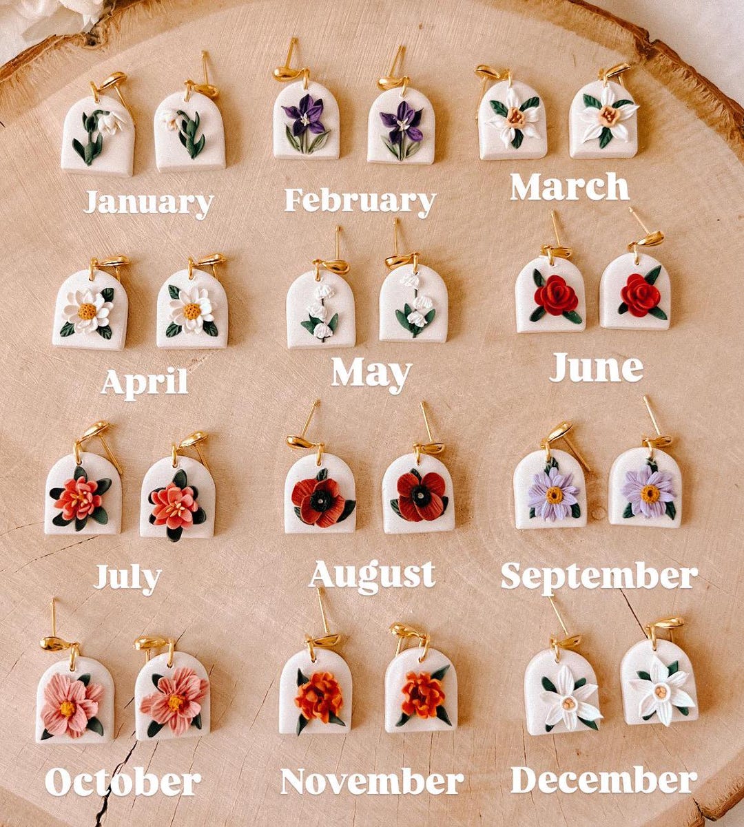 Birth Flower Earrings: Handmade Polymer Clay, 18k Gold Plated Posts - Etsy