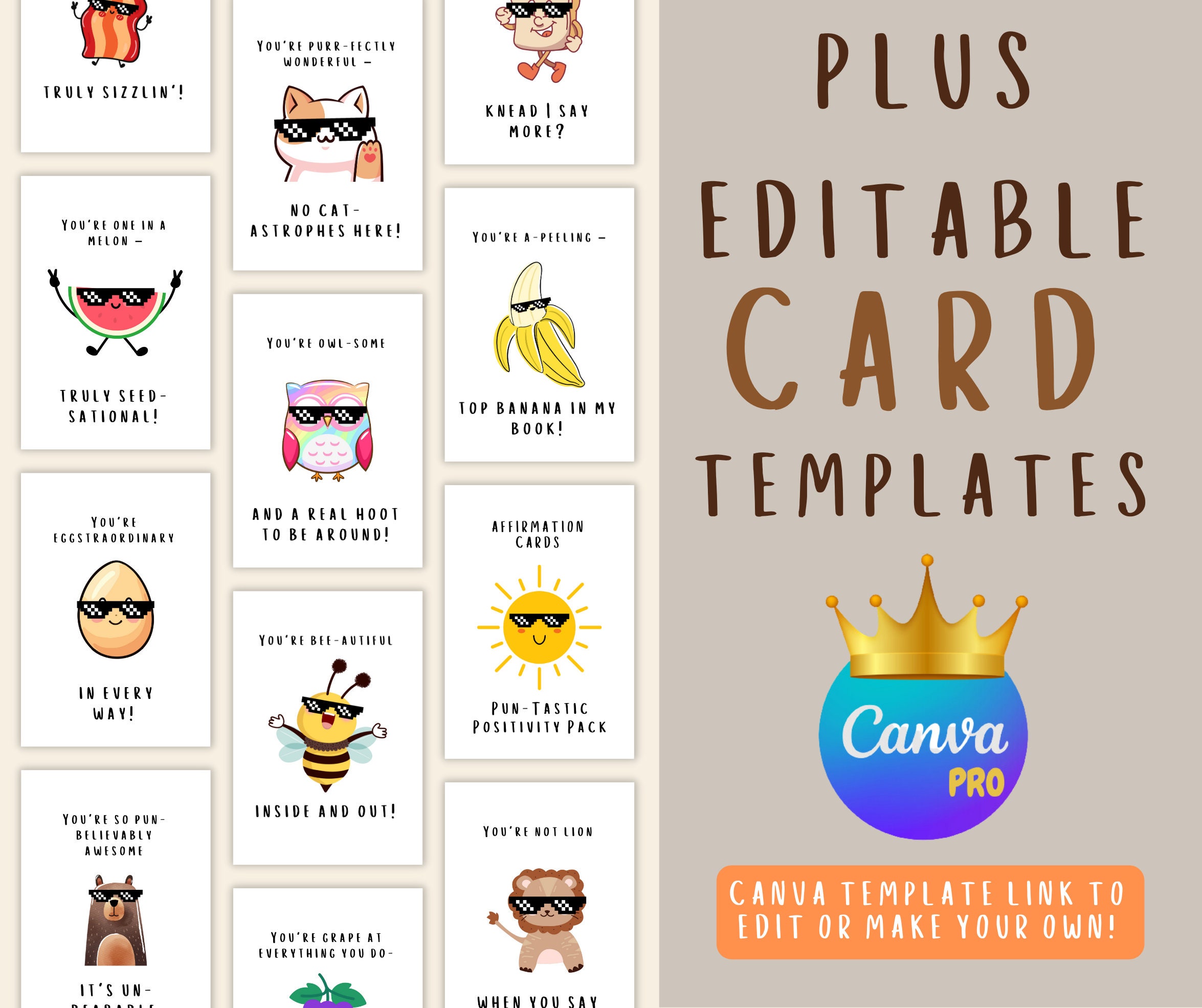 Pun Affirmation Cards | 26 Printable Cards, Canva Templates (instant ...