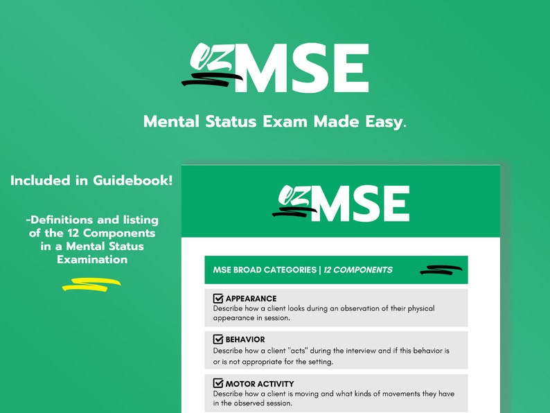 Ezmse: Mental Status Exam Sheets, MSE Writing Guide, MSE Checklist, and ...