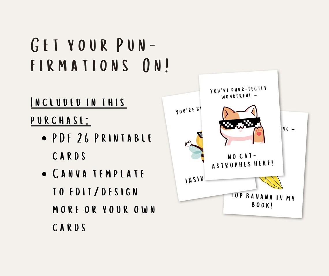 Pun Affirmation Cards | 26 Printable Cards, Canva Templates (instant ...
