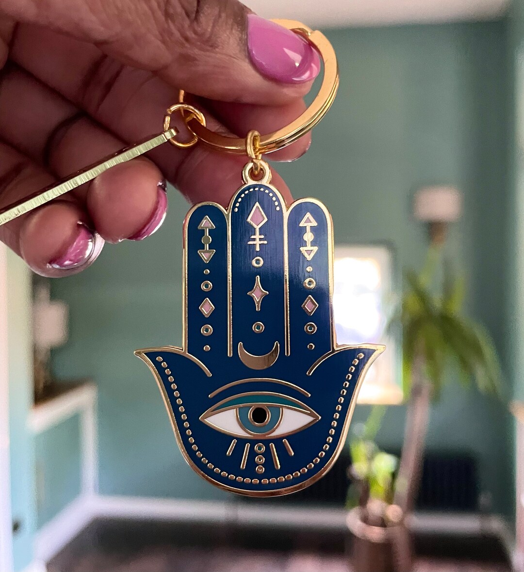 HAMSA HAND Double-sided Hard Enamel Keychain, Gold, Navy Blue & White ...