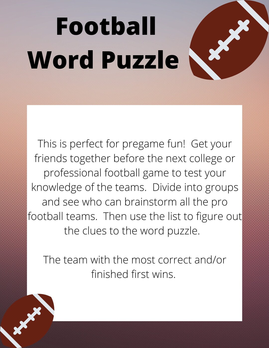 Football Fun Digital Download - Football Word Puzzle, Football Gifts ...