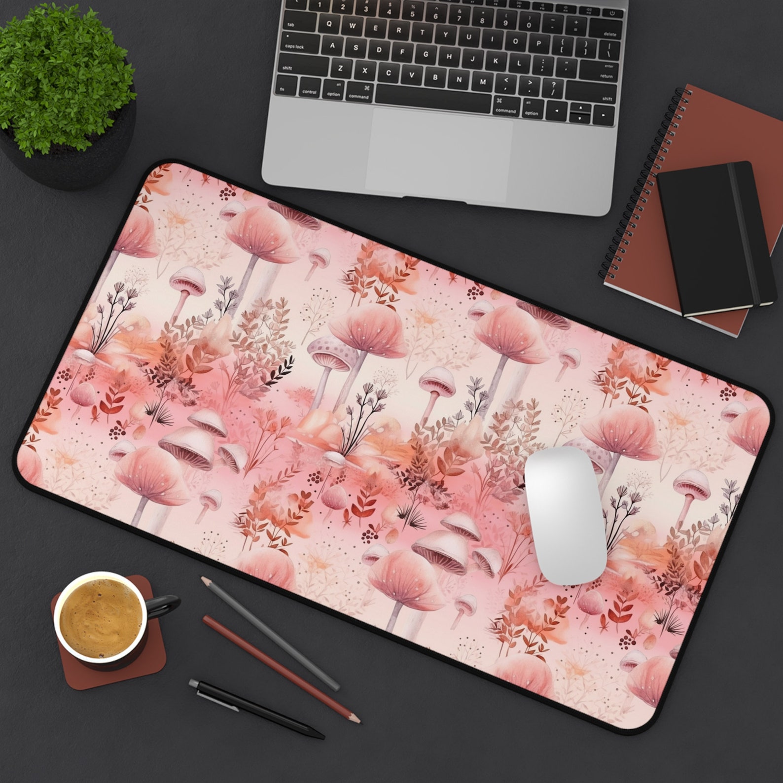 Cottage Core Desk Mat, Mushroom Pastel Pink Garden Desk Decor, Nature ...