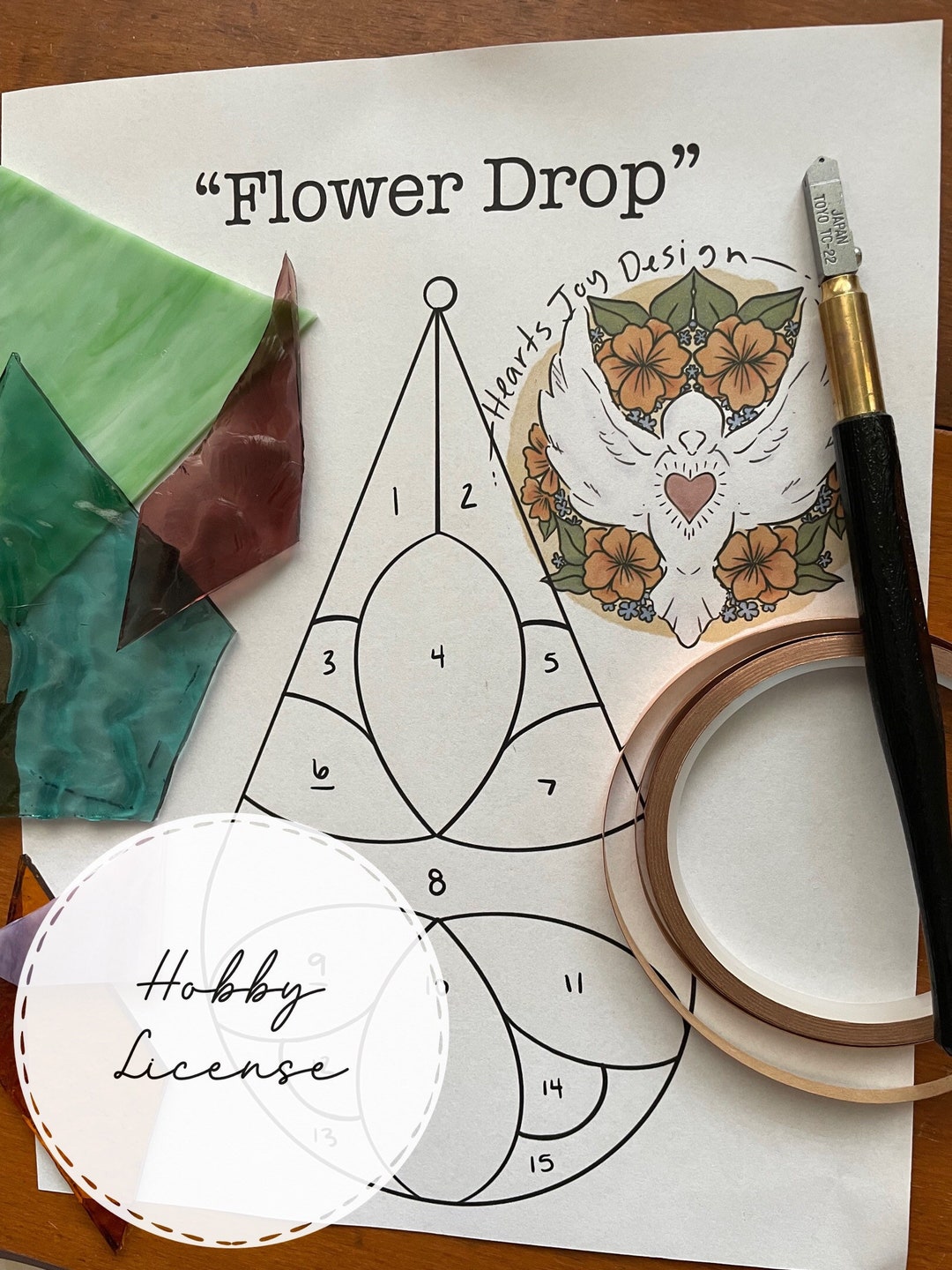 HOBBY Flower Drop Stained Glass Pattern. Suncatcher Pattern. Digital ...