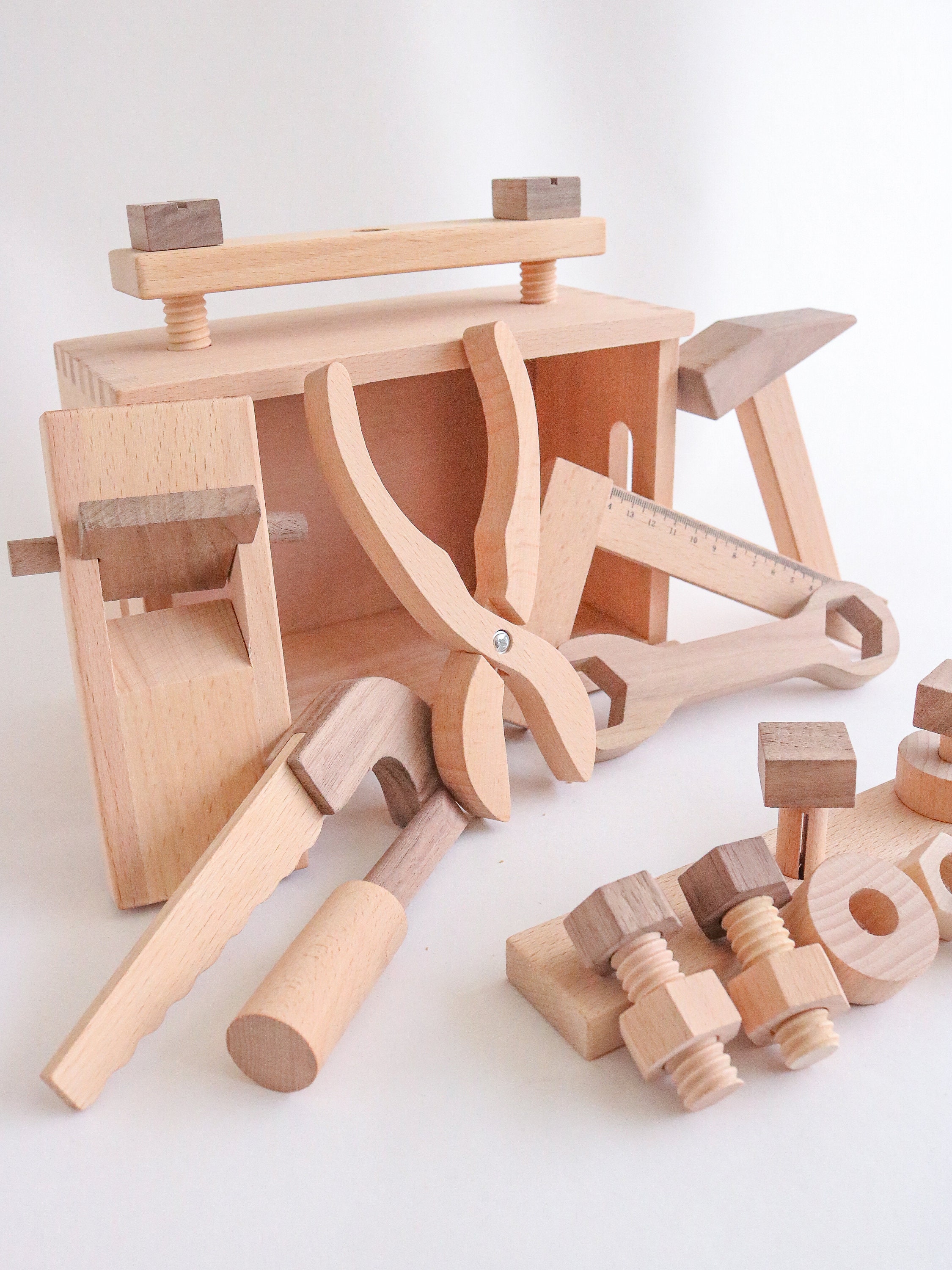 Wooden Toy Tool Set Box Toddlers Natural Wood Montessori - Etsy