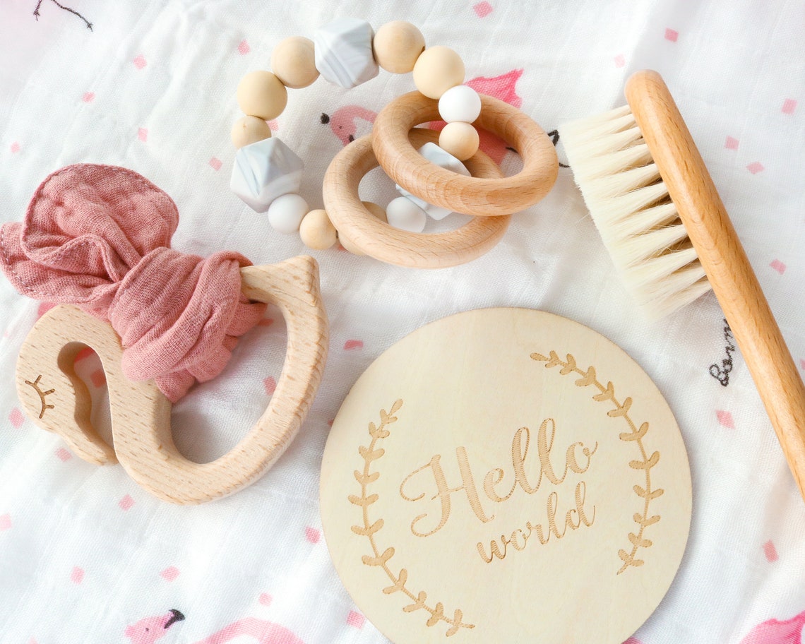 Baby Gift Set Pink Flamingo Babyshower Gift Natural Wood - Etsy