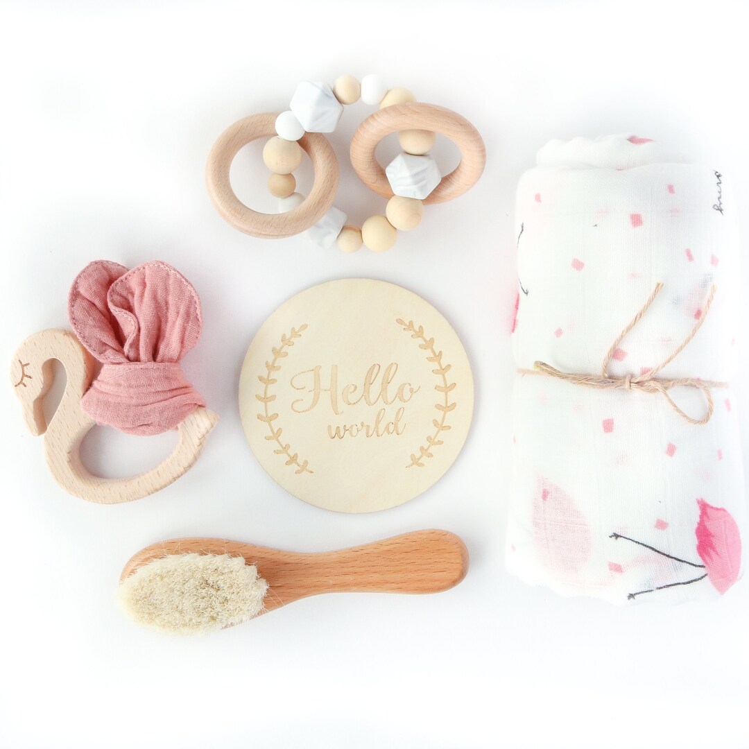 Baby Gift Set - Pink Flamingo - Babyshower Gift, Natural Wood & Cotton ...