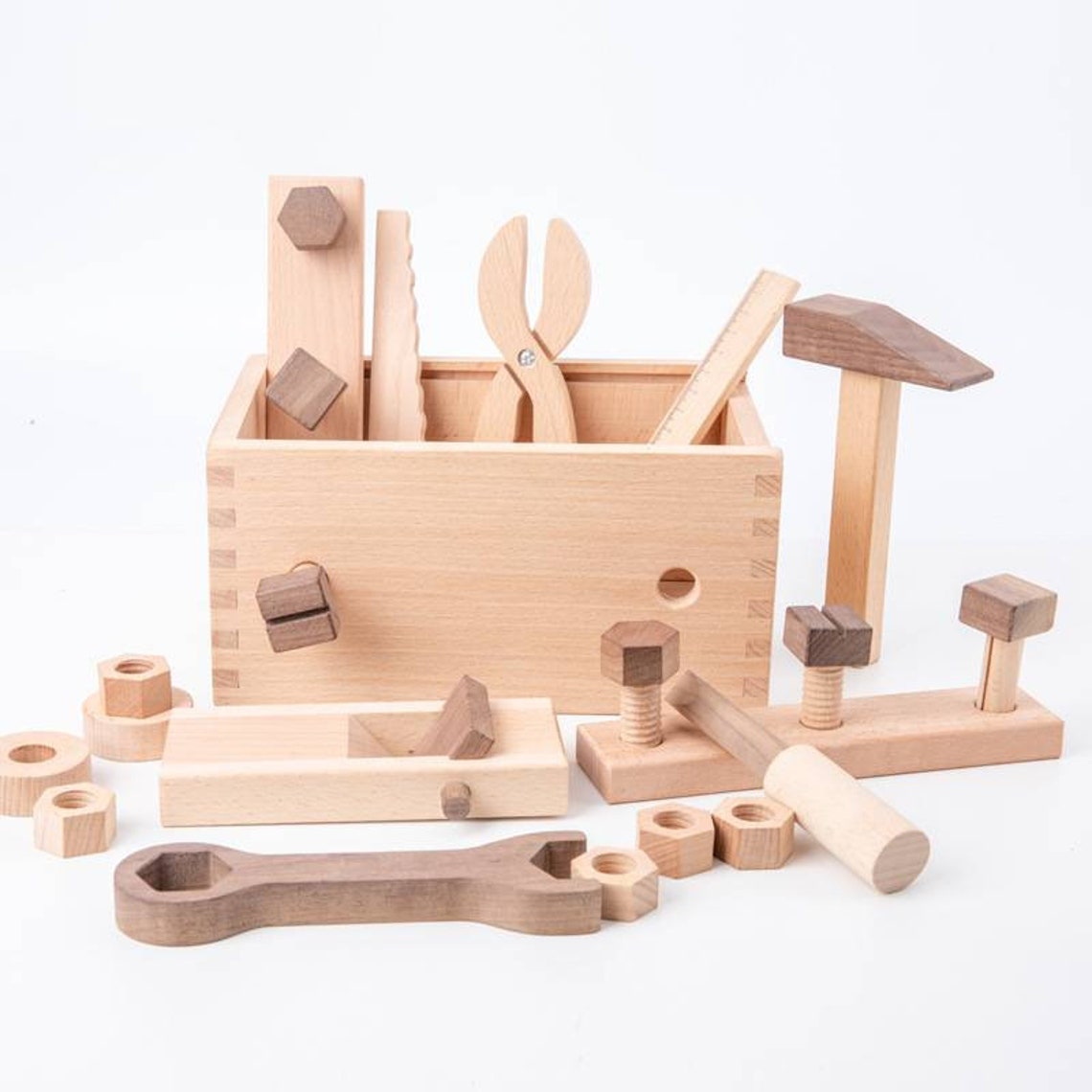 Wooden Toy Tool Set Box Toddlers Natural Wood Montessori - Etsy
