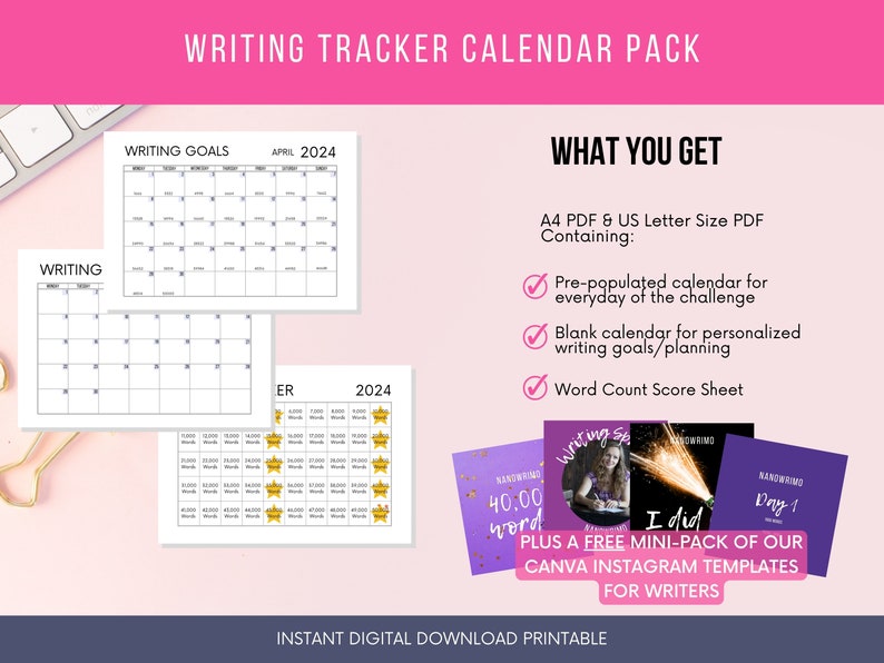 Updated for April 2024 Writing Calendar Pack With Word Count Tracker ...
