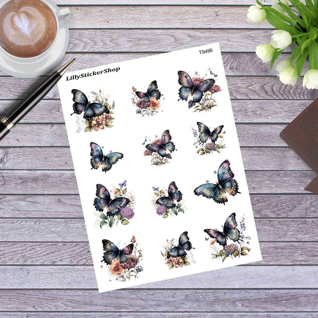 Black Butterfly Sticker Sheet, Watercolor Butterfly Planner Stickers ...