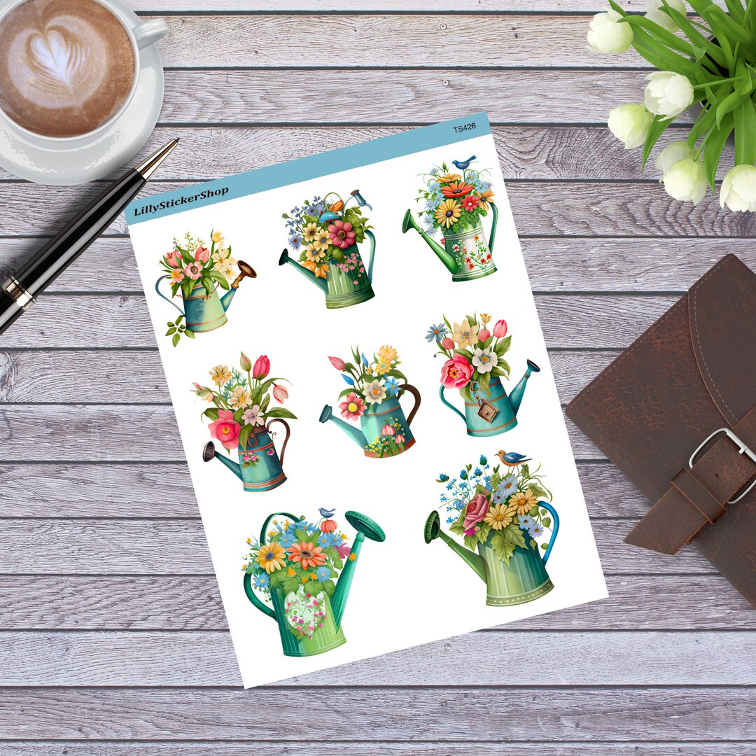 Watering Can Sticker Sheet, Flower Planner Stickers, Decorative ...