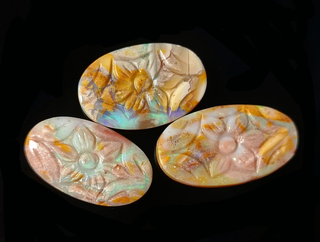 3 Pieces Australian Opal Carving Gemstone, Oval Shape Cabochons ...